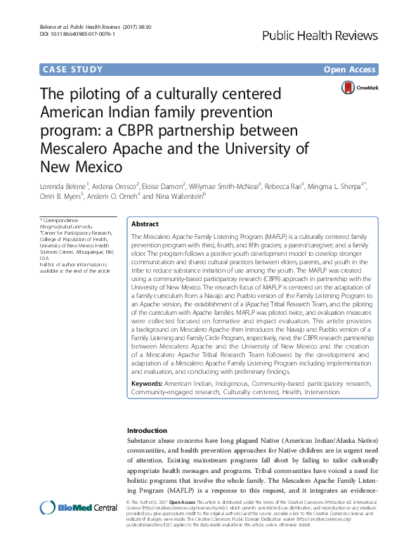 (PDF) The piloting of a culturally centered American Indian family ...