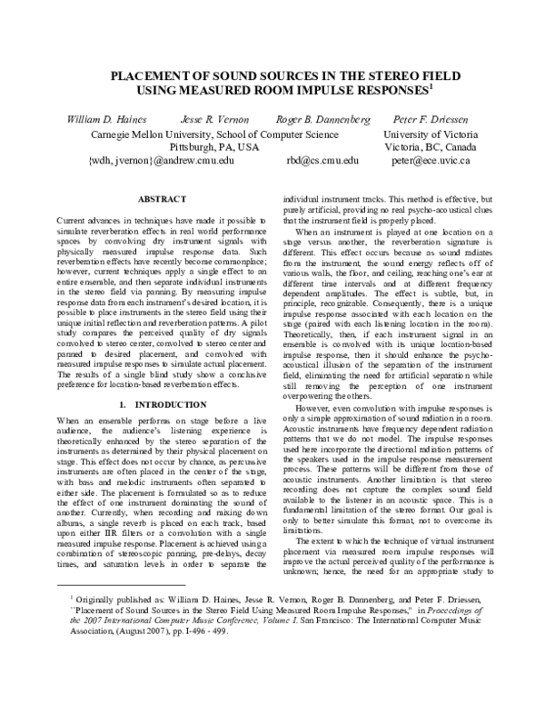 (PDF) Placement of Sound Sources in the Stereo Field Using Measured ...