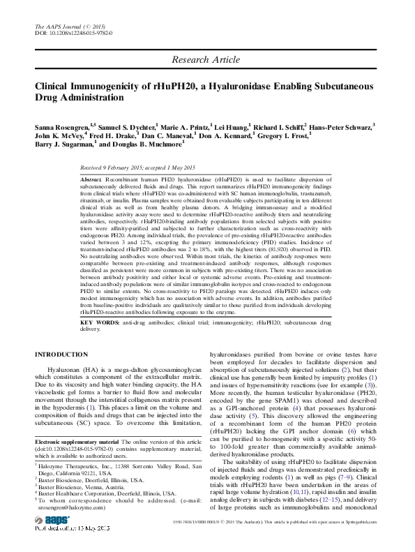(PDF) Clinical Immunogenicity of rHuPH20, a Hyaluronidase Enabling ...
