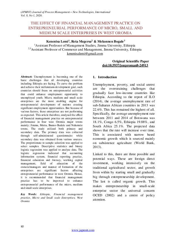 (PDF) The effect of financial management practice on entrepreneurial performance of micro, small ...