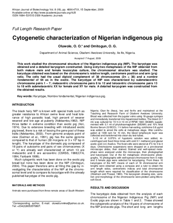 (PDF) Cytogenetic characterization of Nigerian indigenous pig Oluwole, O. O.* and Omitogun, O. G