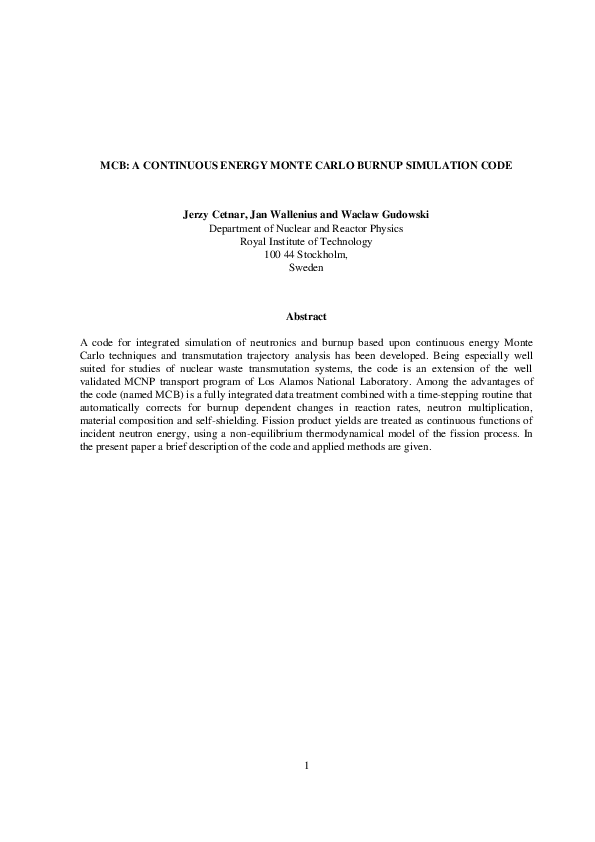 (PDF) MCB: A continuous energy Monte Carlo Burnup simulation code