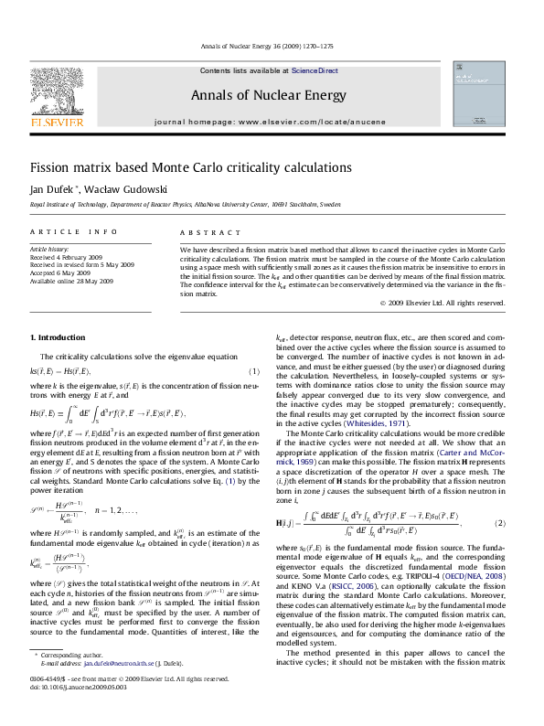(PDF) Fission matrix based Monte Carlo criticality calculations