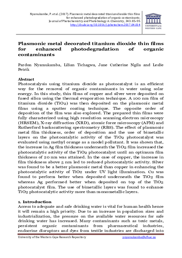 (PDF) Plasmonic metal decorated titanium dioxide thin films for ...