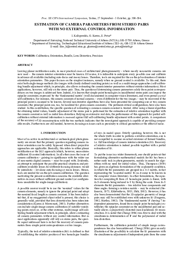 Pdf Estimation Of Camera Parameters From Stereo Pairs With No External Control Information
