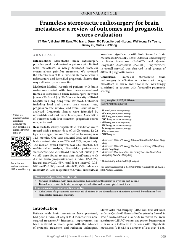 (PDF) Frameless stereotactic radiosurgery for brain metastases: a review of outcomes and ...