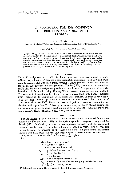 Pdf An Algorithm For The Combined Distribution And Assignment Problem