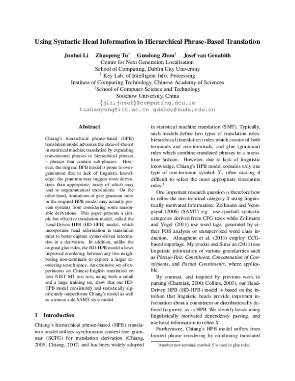 Pdf Using Syntactic Head Information In Hierarchical Phrase Based Translation