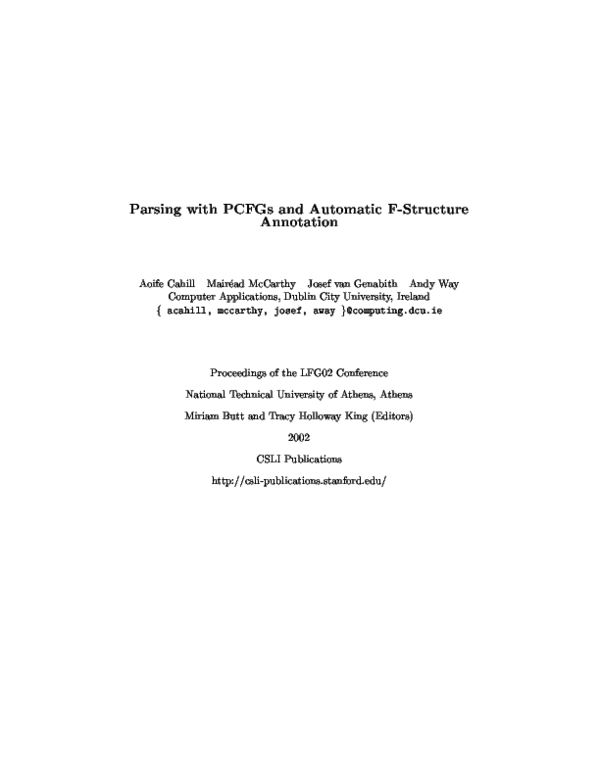 Pdf Parsing With Pcfgs And Automatic F Structure