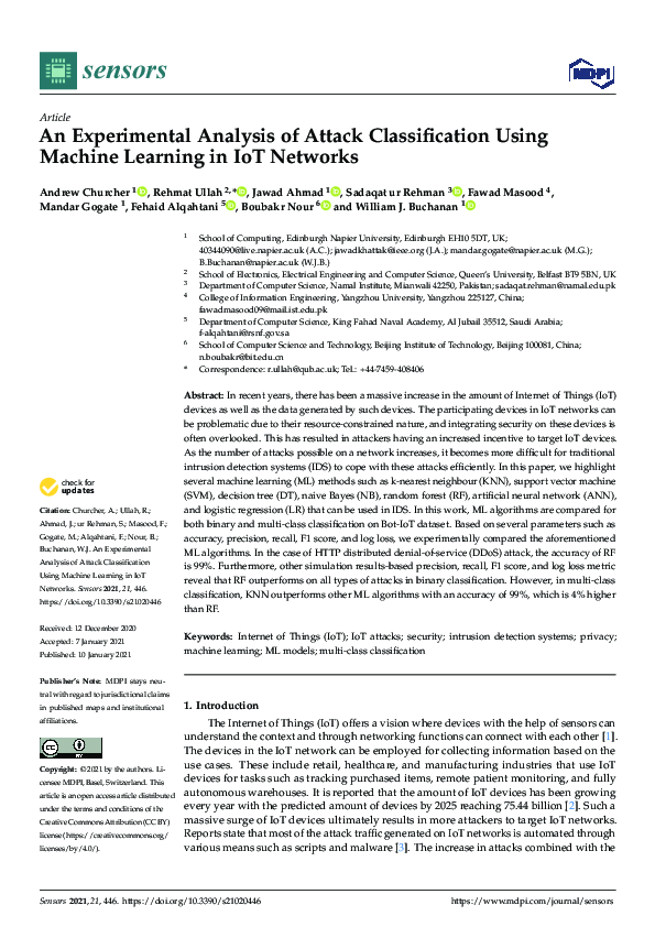 (PDF) An Experimental Analysis of Attack Classification Using Machine Learning in IoT Networks
