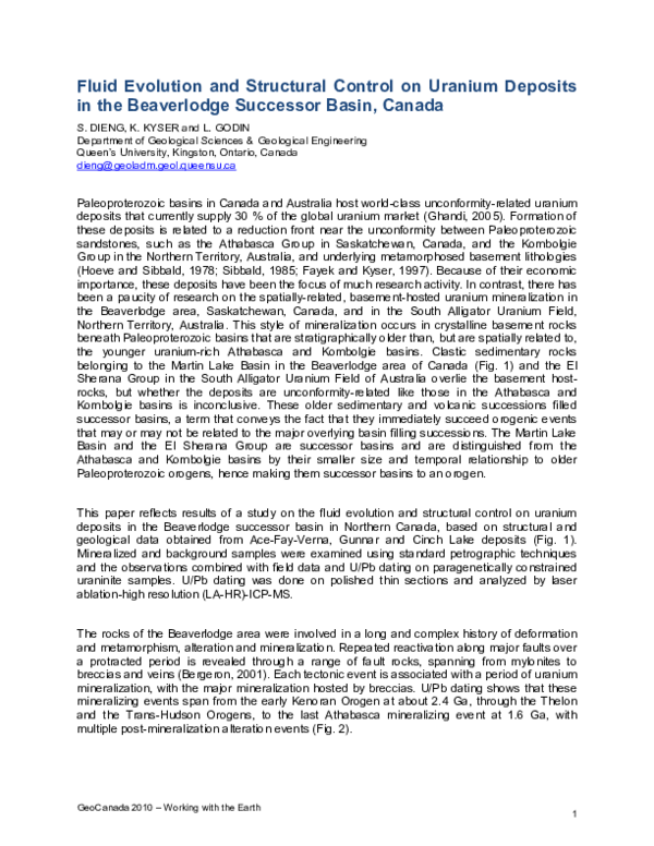 (PDF) Fluid Evolution and Structural Control on Uranium Deposits in the ...