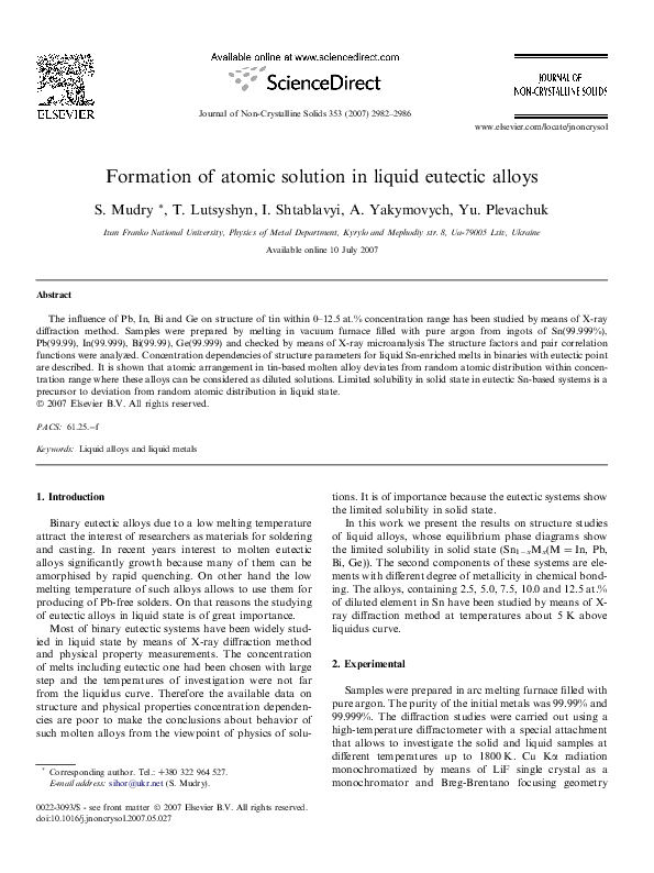 (PDF) Formation of atomic solution in liquid eutectic alloys