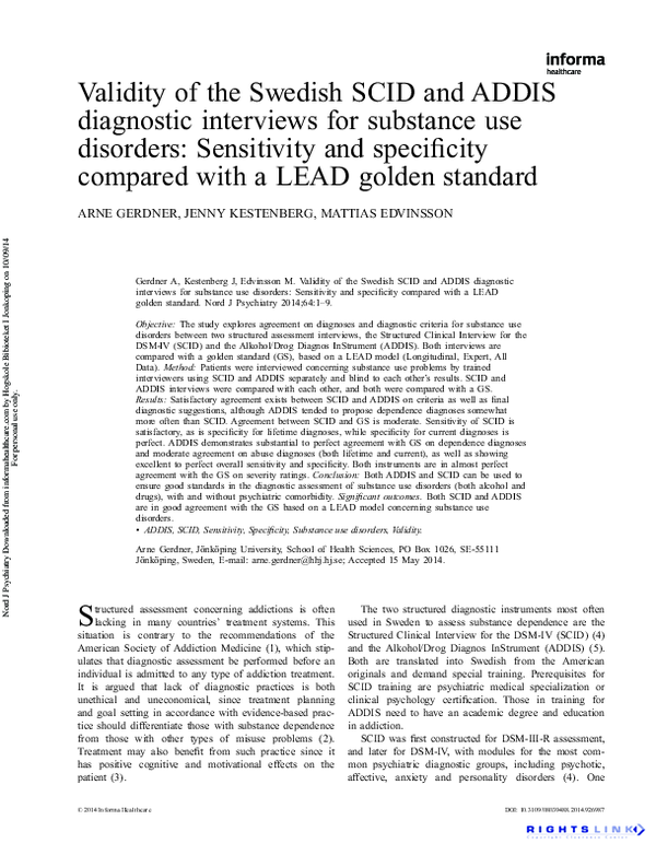 (PDF) Validity of the Swedish SCID and ADDIS diagnostic interviews for ...