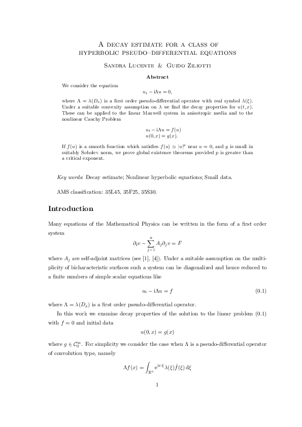 (PDF) A decay estimate for a class of hyperbolic pseudo-differential equations