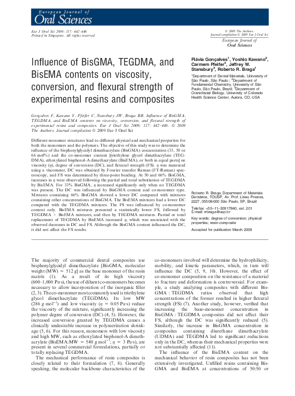 (PDF) Influence of BisGMA, TEGDMA, and BisEMA contents on viscosity ...