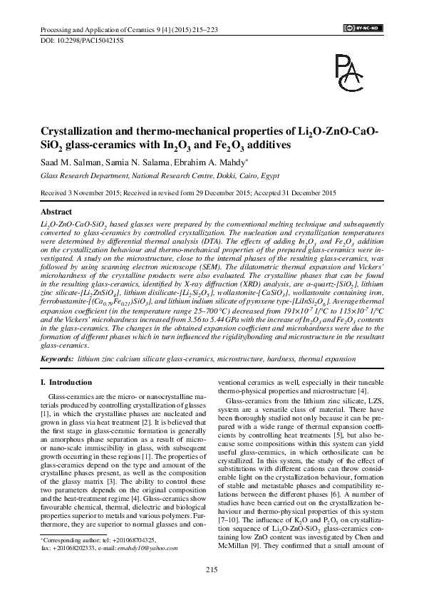 (PDF) Crystallization and thermo-mechanical properties of Li2O-ZnO-CaO-SiO2 glass-ceramics with ...