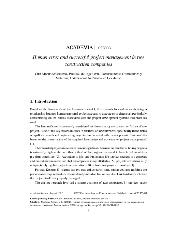 (PDF) Human error and successful project management in two construction ...