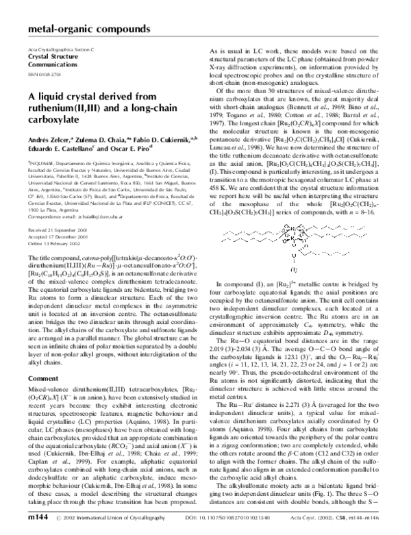(PDF) A liquid crystal derived from ruthenium(II,III) and a long-chain ...