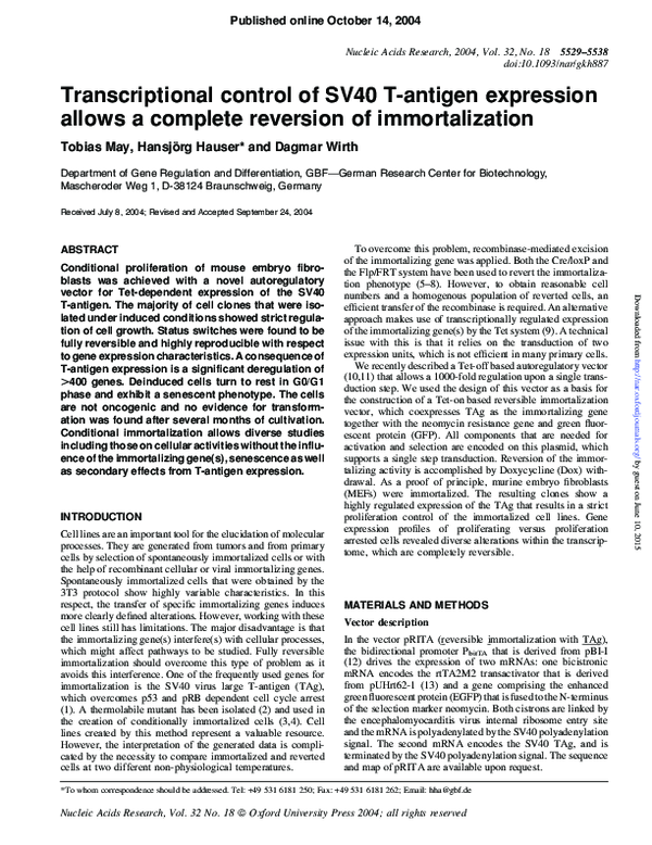 (PDF) Transcriptional control of SV40 T-antigen expression allows a ...
