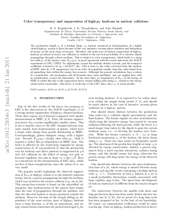 (PDF) Color transparency and suppression of high- p T hadrons in ...