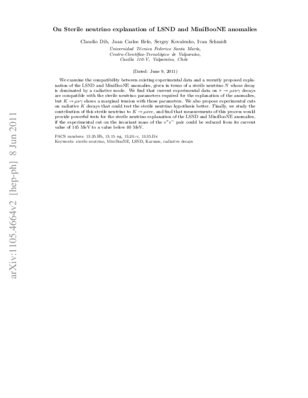 (PDF) Sterile neutrino decay explanation of LSND and MiniBooNE anomalies