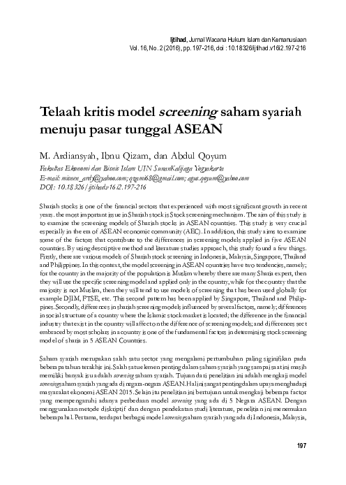 (PDF) Telaah kritis model screening saham syariah menuju pasar tunggal ASEAN