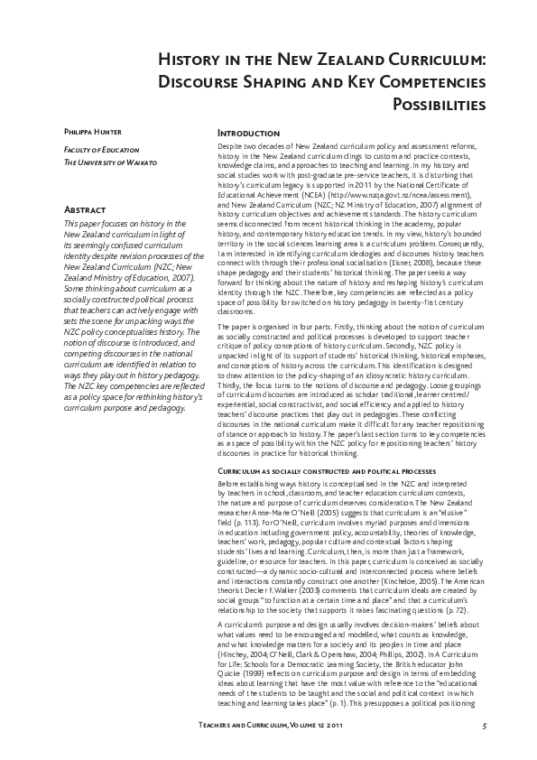 (PDF) History in the New Zealand curriculum: Discourse shaping and Key ...