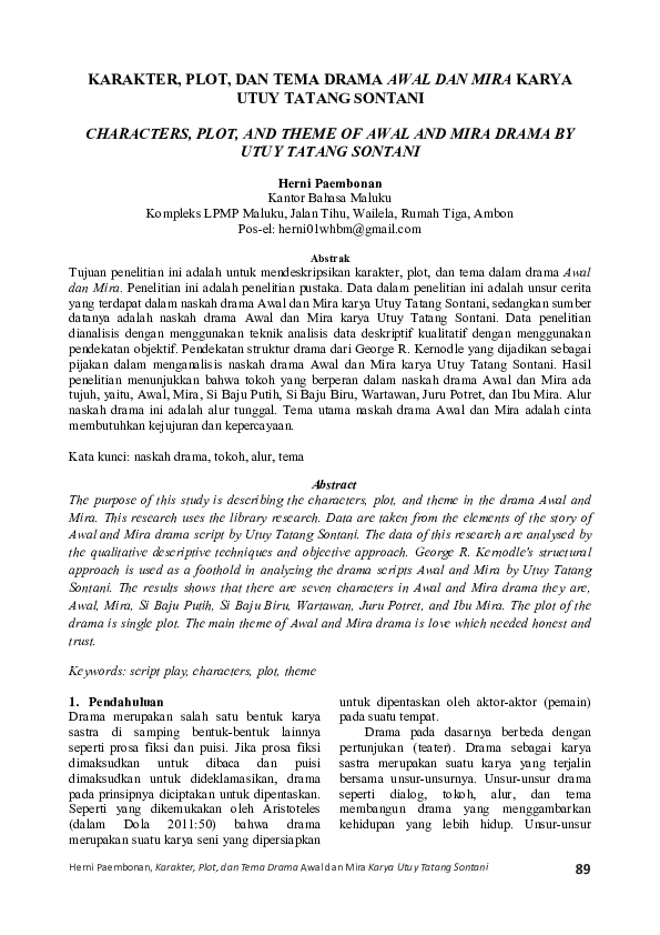 (PDF) Karakter, Plot, Dan Tema Drama Awal Dan Mira Karya Utuy Tatang Sontani