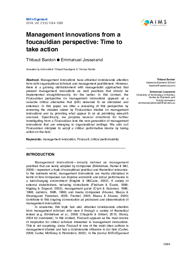 (PDF) Management innovations from a foucauldian perspective: Time to ...