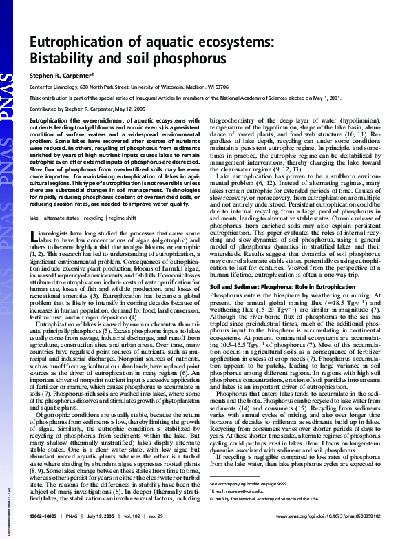 (PDF) Eutrophication of aquatic ecosystems: Bistability and soil phosphorus