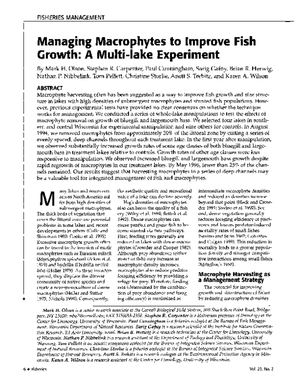 (PDF) Managing Macrophytes to Improve Fish Growth: A Multi-lake Experiment