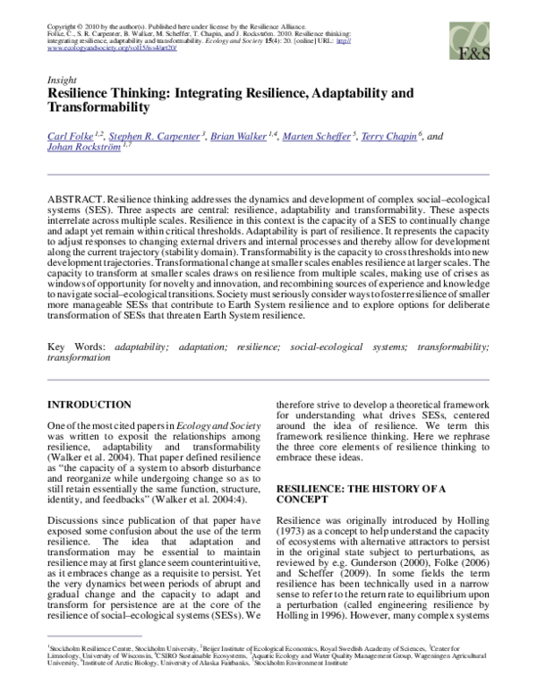 (PDF) Resilience Thinking: Integrating Resilience, Adaptability and ...