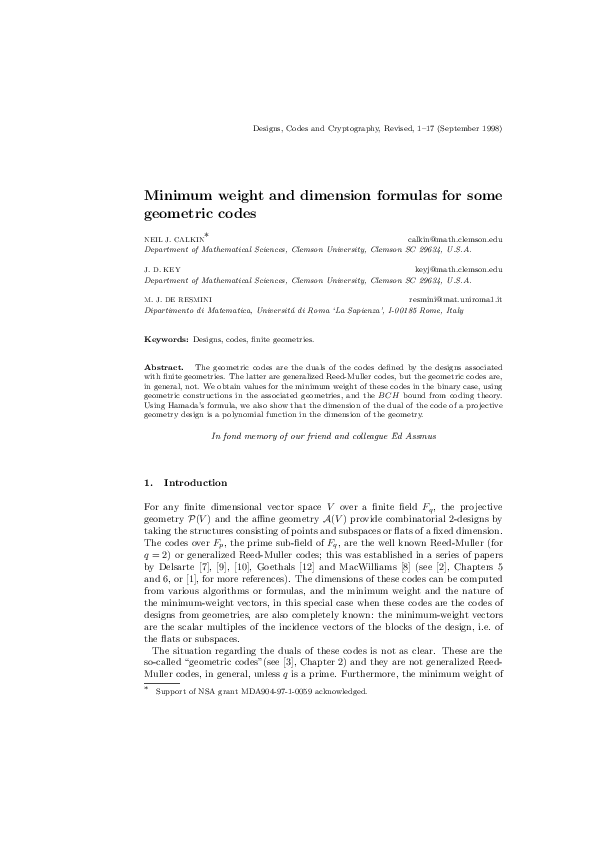 (PDF) Minimum weight and dimension formulas for some geometric codes