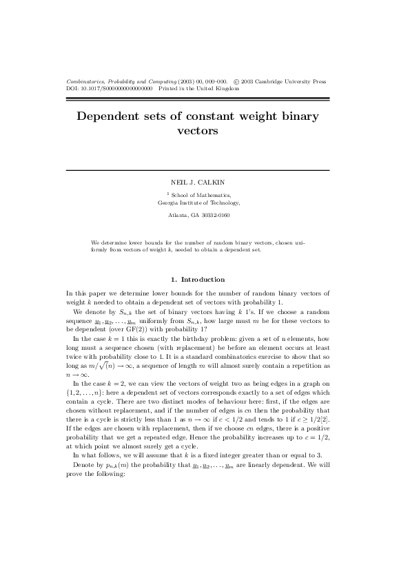 (PDF) Dependent Sets of Constant Weight Binary Vectors