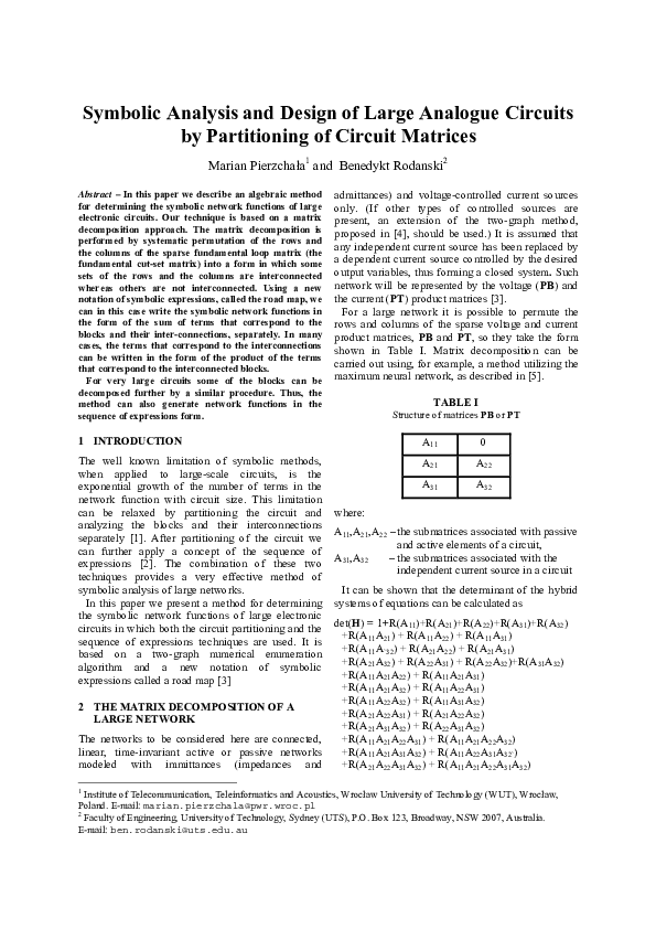 Pdf Symbolic Analysis And Design Of Large Analogue Circuits By Partitioning Of Circuit Matrices