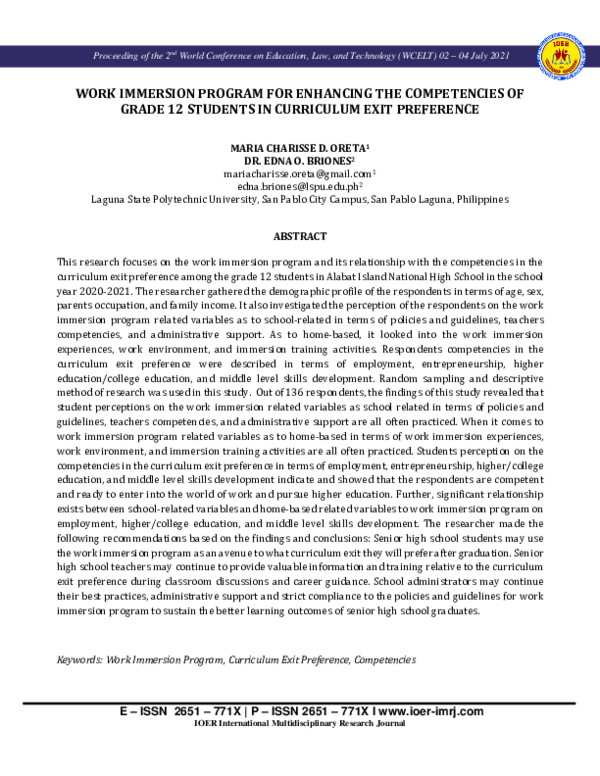 (PDF) WORK IMMERSION PROGRAM FOR ENHANCING THE COMPETENCIES OF GRADE 12 ...