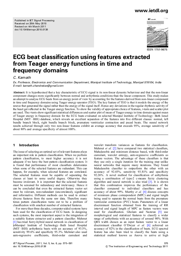 (PDF) ECG beat classification using features extracted from Teager energy functions in time and ...