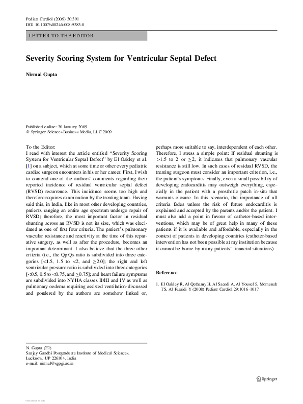 (PDF) Severity Scoring System for Ventricular Septal Defect