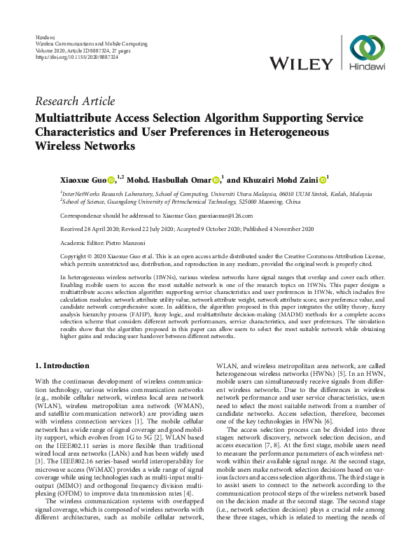 Pdf Multiattribute Access Selection Algorithm Supporting Service Characteristics And User