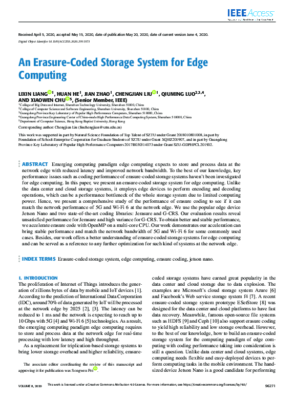 Pdf An Erasure Coded Storage System For Edge Computing Xiaowen Chu