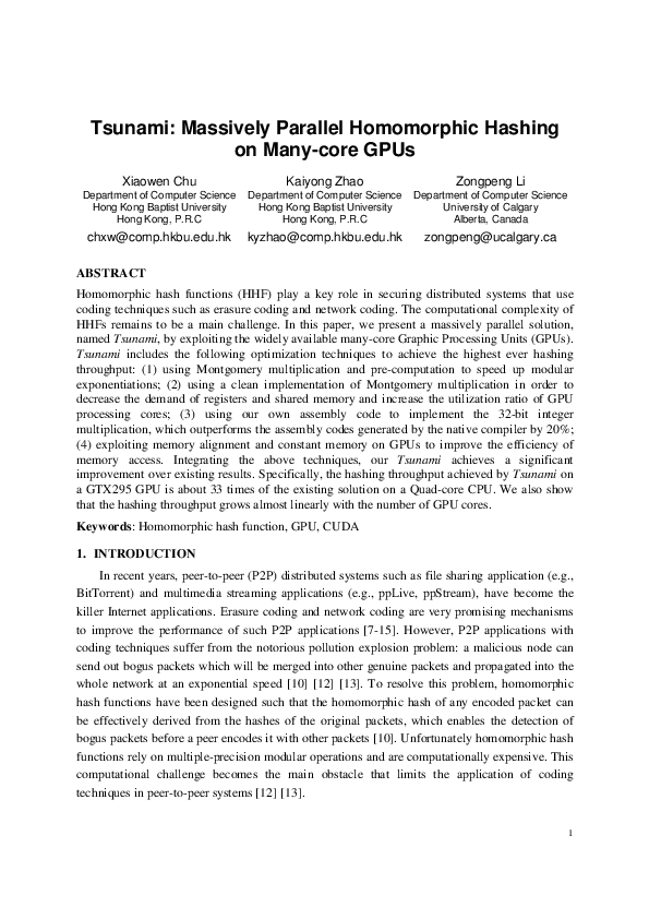 (PDF) Tsunami: massively parallel homomorphic hashing on many-core GPUs