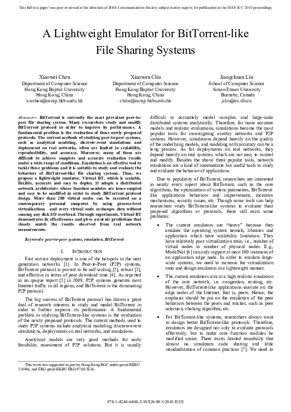 (PDF) A Lightweight Emulator for BitTorrent-Like File Sharing Systems