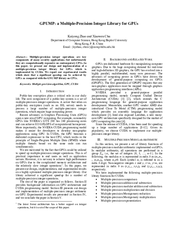Pdf Gpump A Multiple Precision Integer Library For Gpus