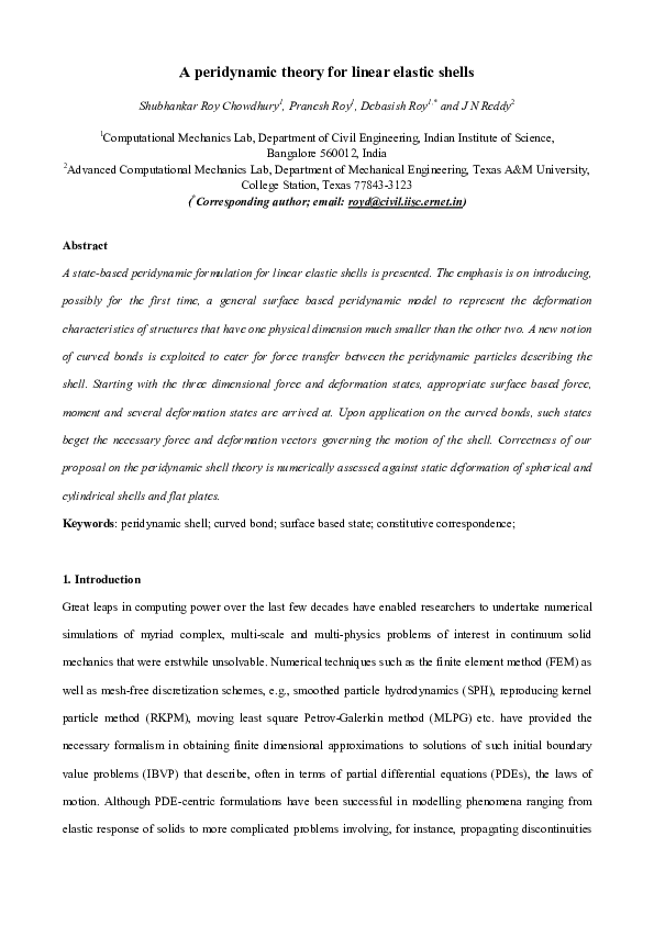 (PDF) A peridynamic theory for linear elastic shells