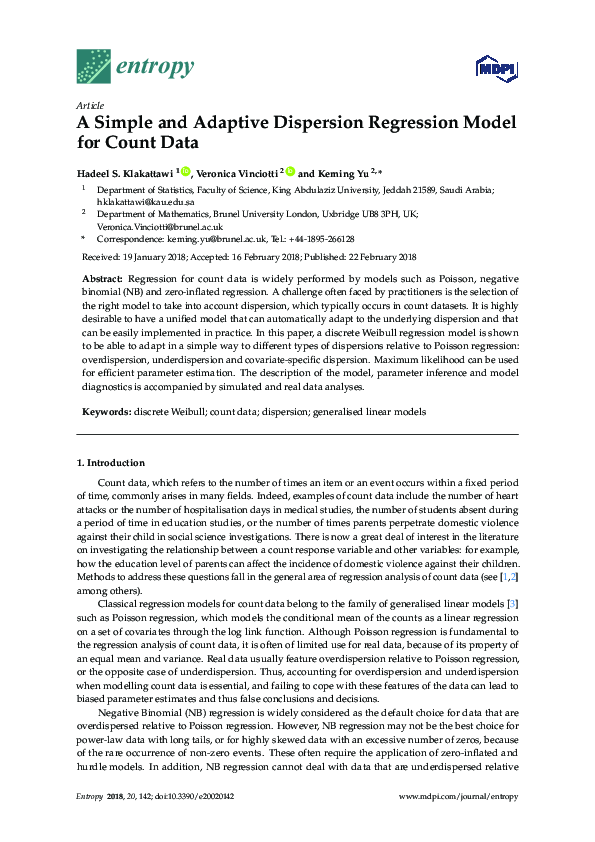 (PDF) A Simple and Adaptive Dispersion Regression Model for Count Data