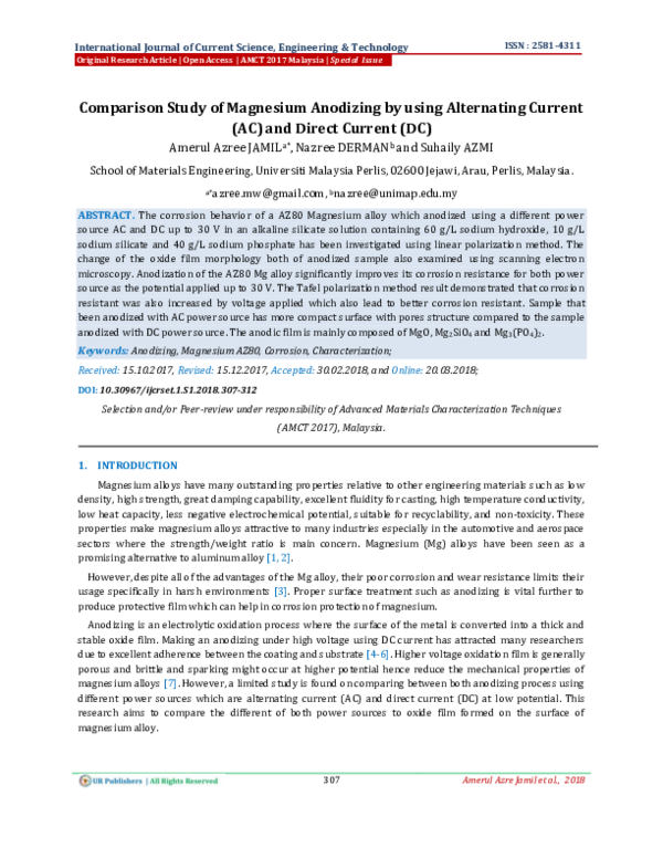 (PDF) Comparison Study of Magnesium Anodizing by using Alternating ...