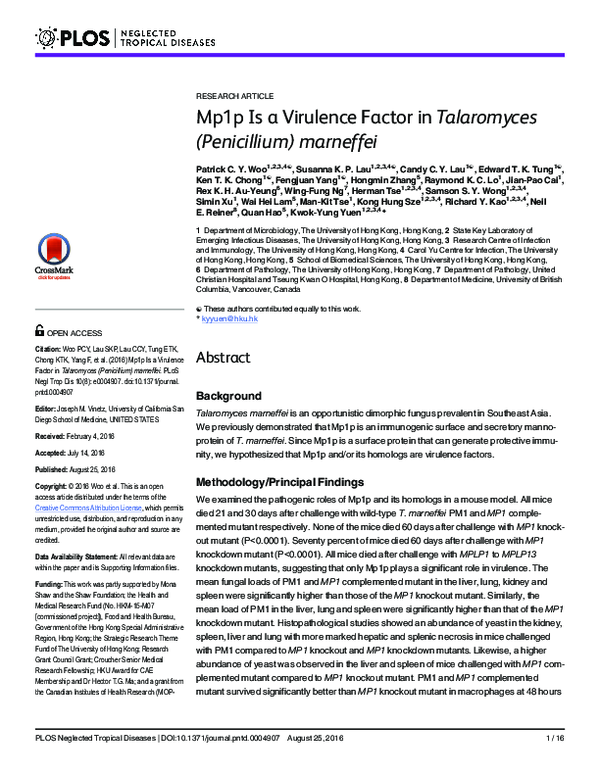 (PDF) Mp1p Is a Virulence Factor in Talaromyces (Penicillium) marneffei