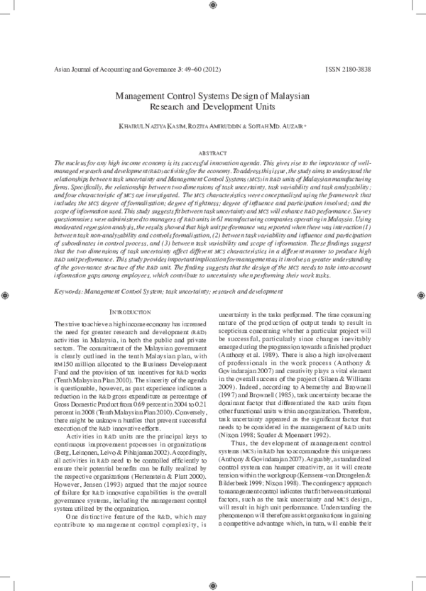 (PDF) Management control systems design of Malaysian Research and ...