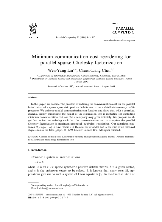 (PDF) Minimum communication cost reordering for parallel sparse Cholesky factorization