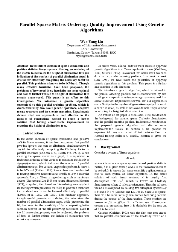 (PDF) Parallel sparse matrix ordering: quality improvement using ... (PDF) Parallel sparse matrix ordering: quality improvement using ...